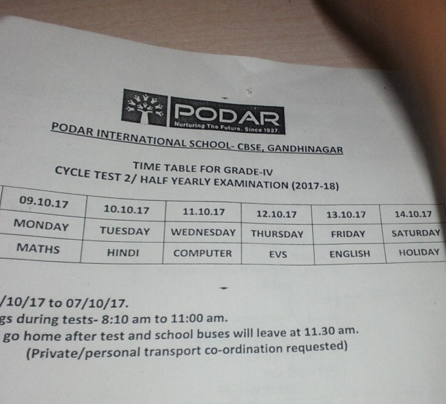 4 th Std Cycle Test -2 (2017-18) Time Table and Portion