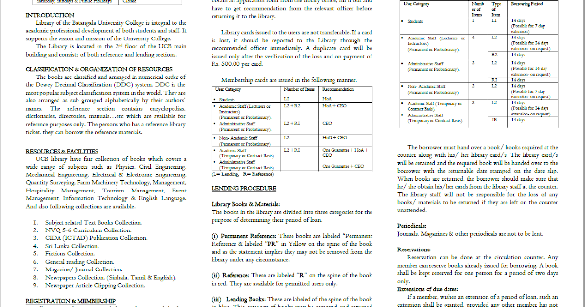 THE LIBRARY - UNIVERSITY COLLEGE OF BATANGALA: Library Procedures