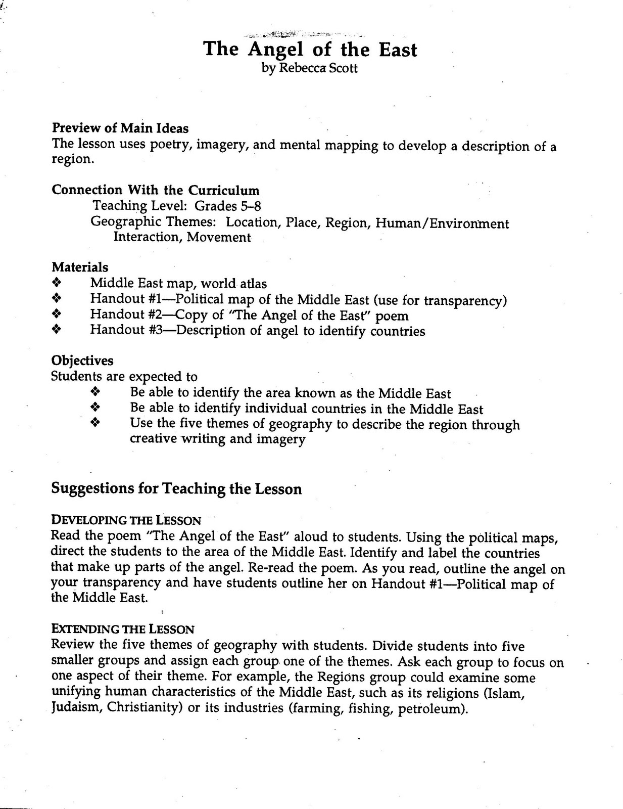 Always a teacher, Always a survivor: The Angel of the East, lesson plan