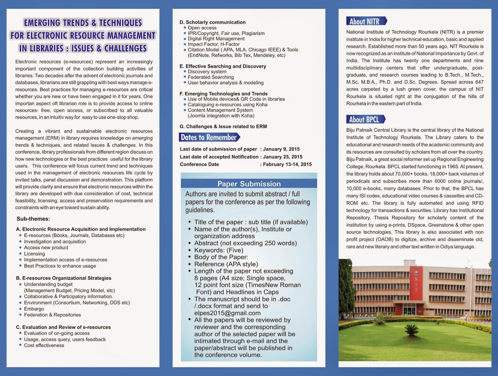 Central Library - NIT Rourkela: Brochure of ELPES-2 - National Conference