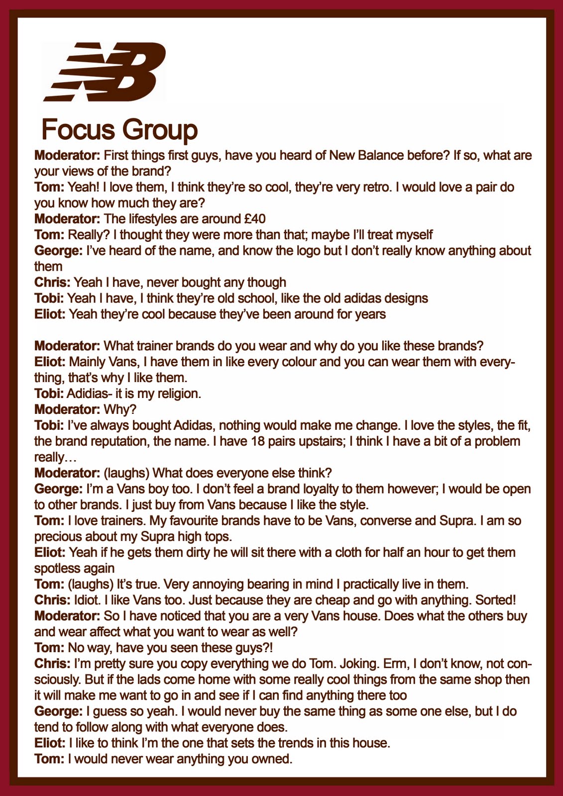 New Balance Team Blog: FOCUS GROUP SCRIPT