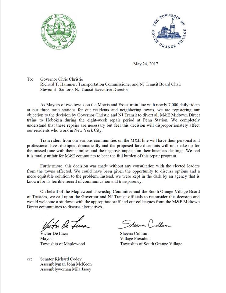 Maplewoodian.com: DELUCA/COLLUM NJ TRANSIT LETTER