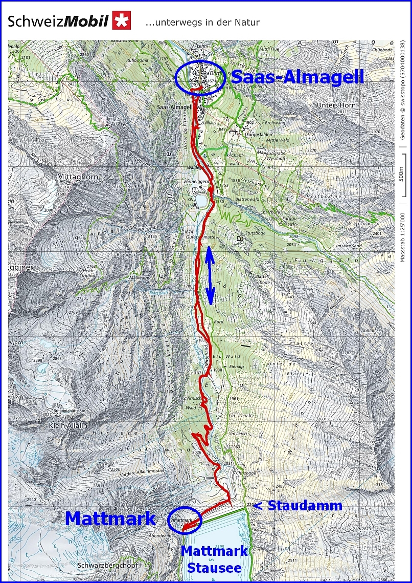 Auf dem Winterwanderweg von Saas-Almagell zum Mattmark-Stausee ...