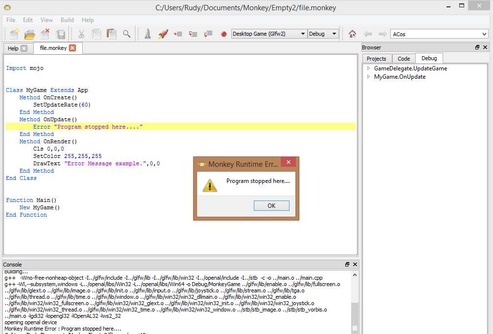 Monkey Game Programming step by step: Monkey-X - Error command example