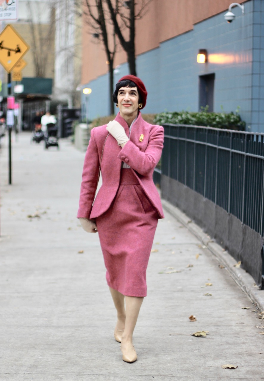 male pattern boldness: Cathy Models the Pink Tweed Couture Suit!