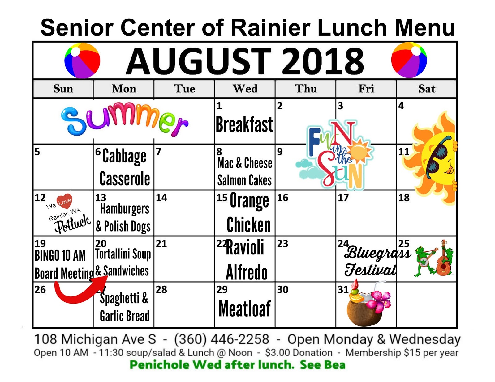 Senior Center of Rainier News: August 2018 Lunch Menu