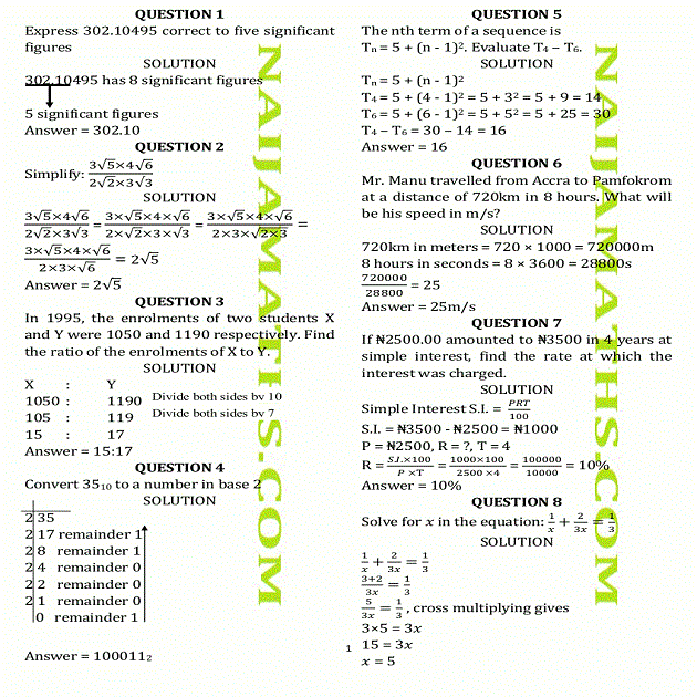 WAEC Maths Questions and Answers: