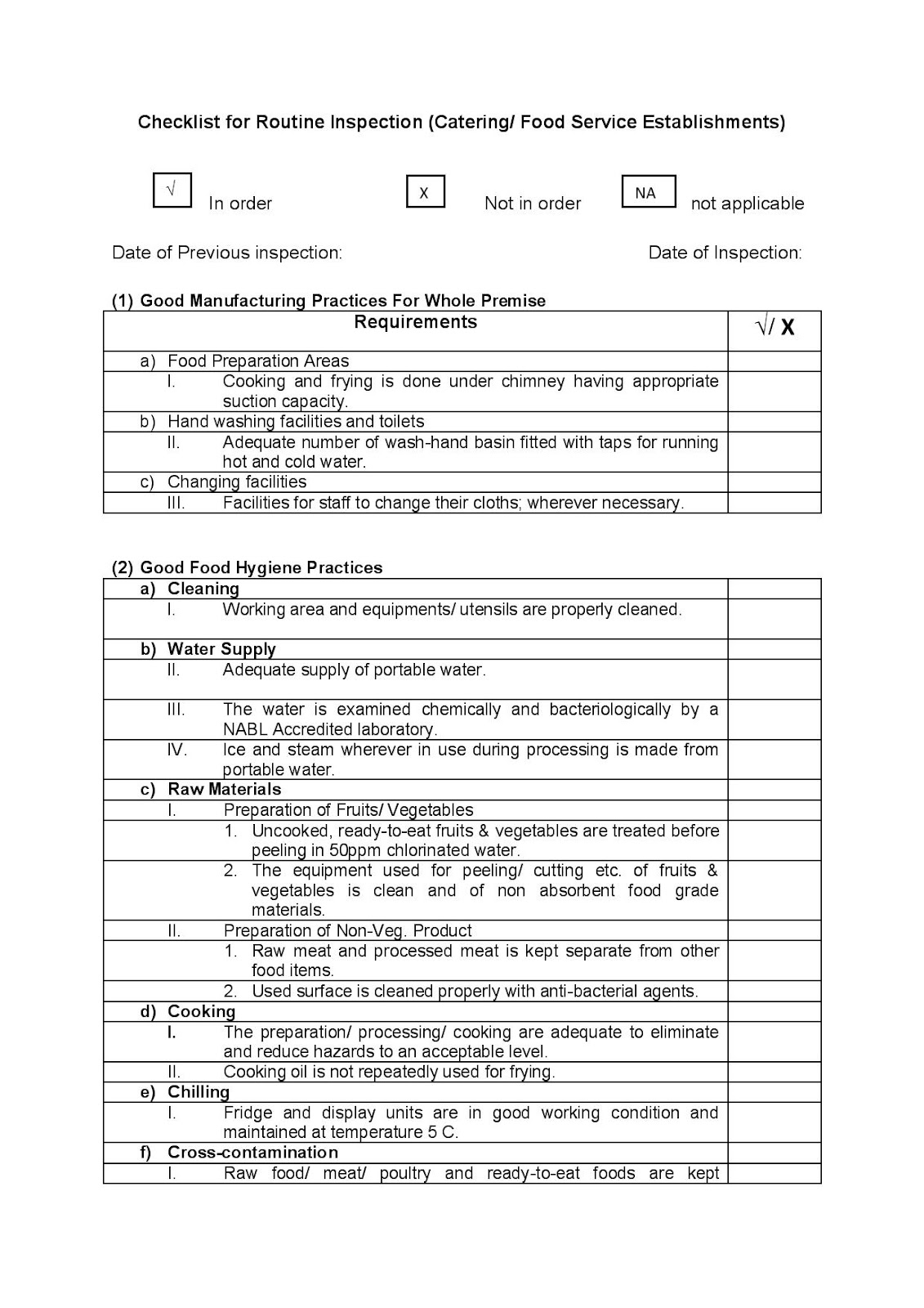 FOOD SAFETY LATEST: INSPECTION FORM FOR CATERING/FOOD SERVICE ESTABLISHMENT