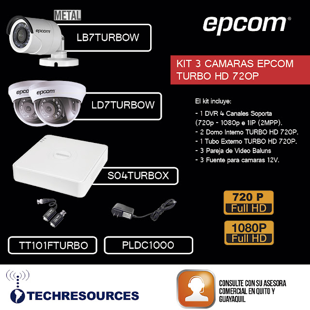 Techresources - Kit 3 Cámaras TURBO HD 720p Epcom. Visualiza Rostros y ...