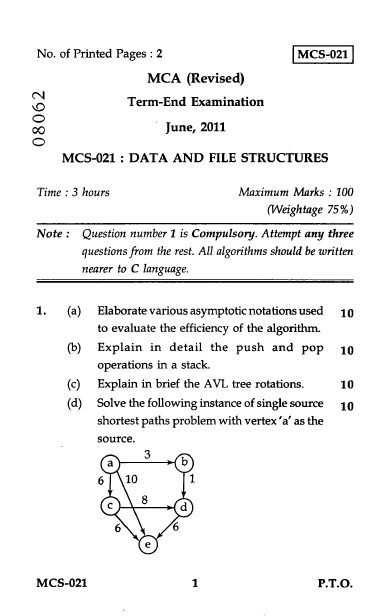 MCA Revised MCS-021 : DATA AND FILE STRUCTURES June 2011 IGNOU Question ...