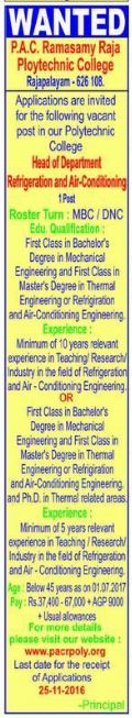 P.A.C. Ramasamy Raja Polytechnic College, Rajapalayam, Wanted HOD ...