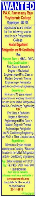P.A.C. Ramasamy Raja Polytechnic College, Rajapalayam, Wanted HOD ...