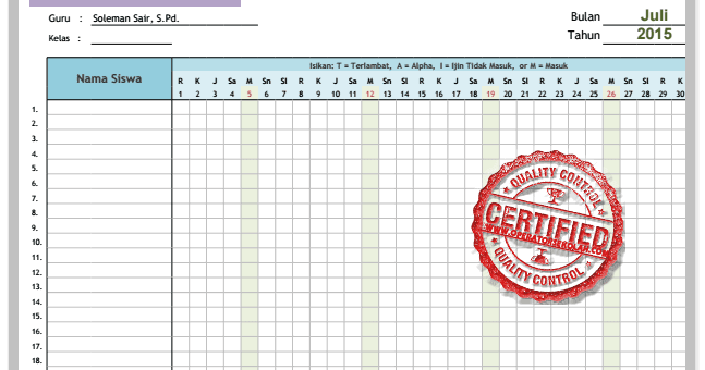 CONTOH FORMAT ABSENSI KELAS BULANAN UNTUK SISWA SD, SMP, SMA | Operator ...