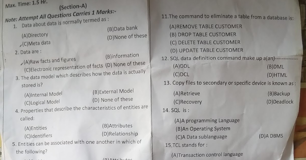 MCQ INTRODUCTION TO DBMS BCA INTERNAL EXAM CCSU ~ All CCSU QUESTION ...