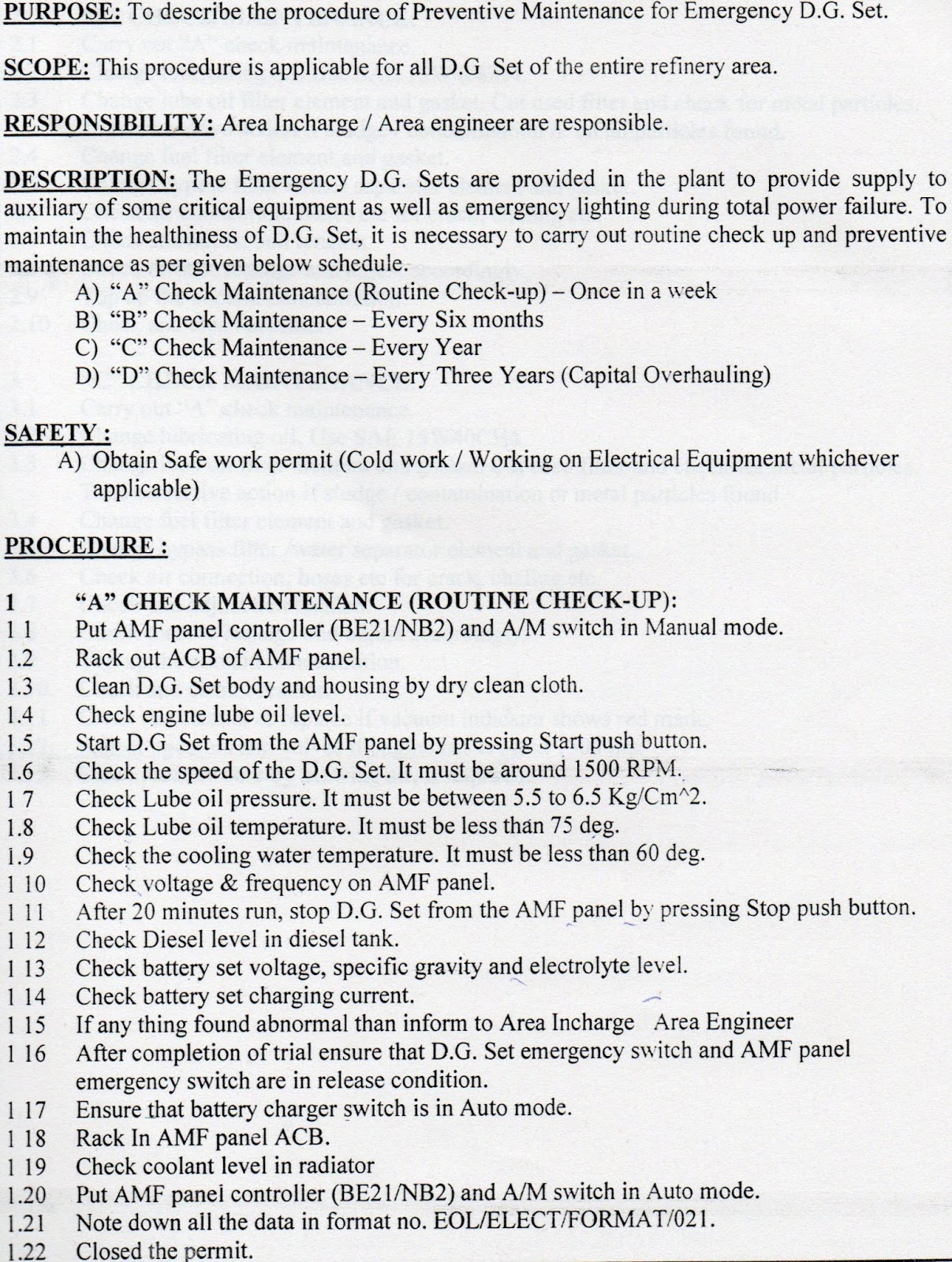 StanderdsElectrical: STANDARD MAINTENANCE FOR D.G.SET