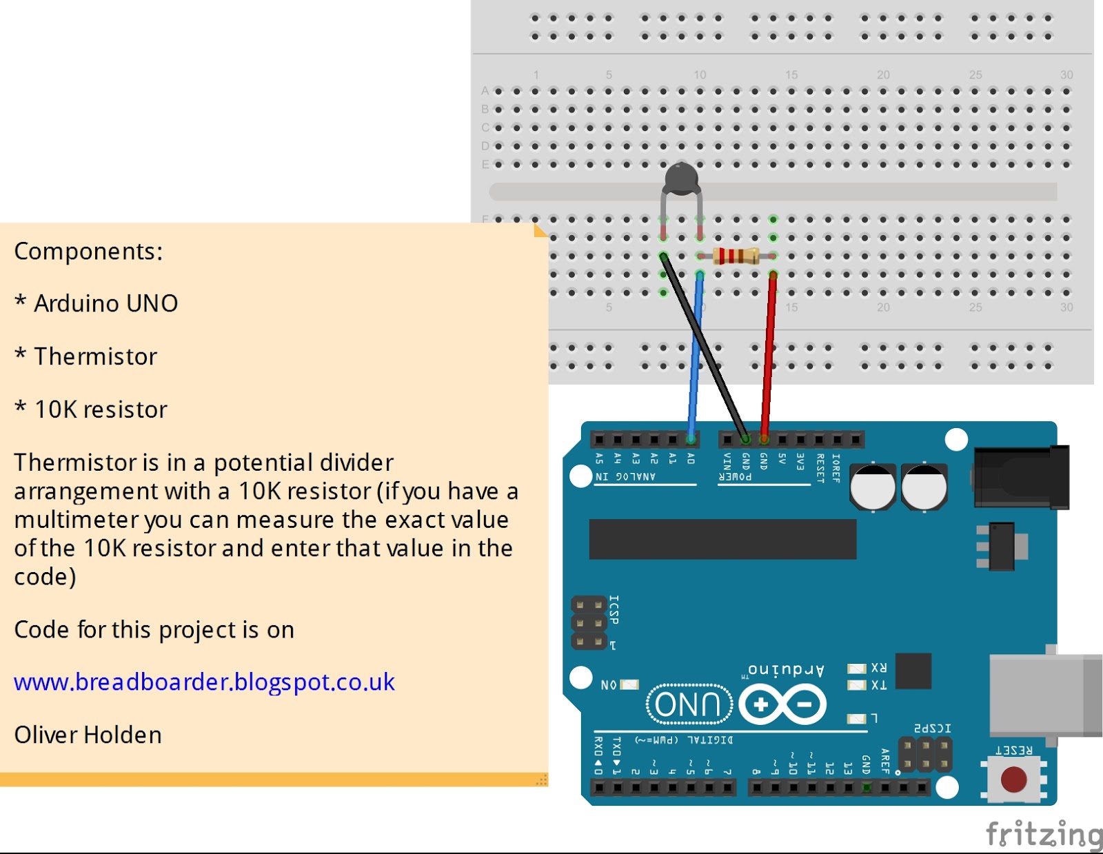 Breadboarders Arduino With A Thermistor To Get Temperature