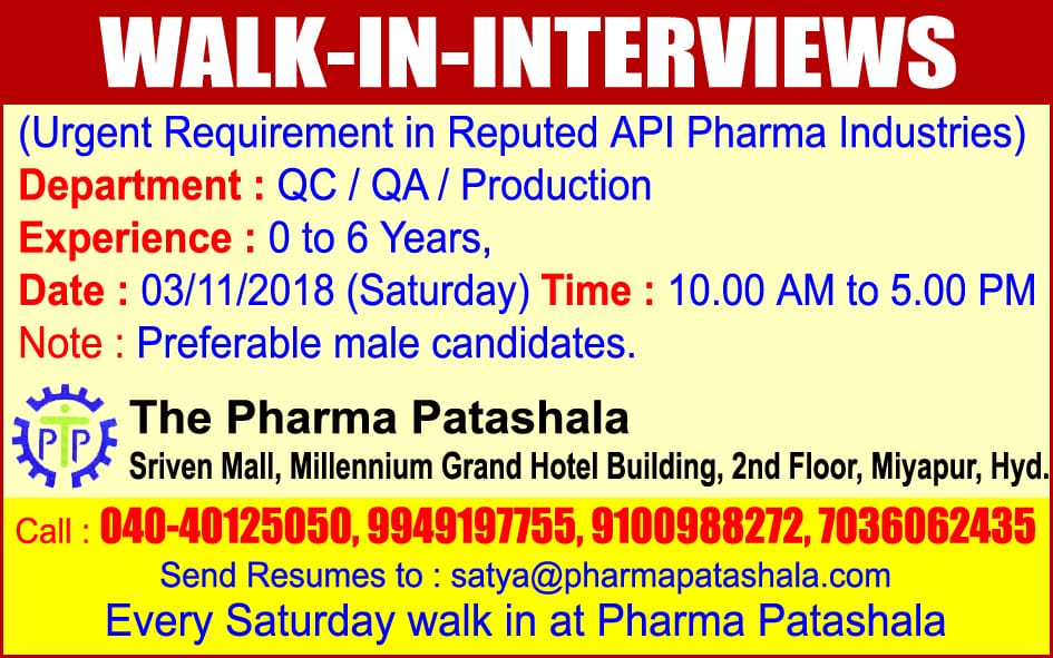 Walk-In Interviews for QC / QA / Production on 3rd Nov' 2018 @ The ...
