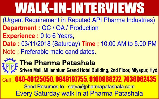 Walk-In Interviews for QC / QA / Production on 3rd Nov' 2018 @ The ...