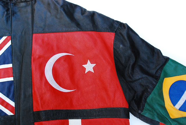 KWIN: "80's PHASE" FLAGS LEATHER BOMBER JKT