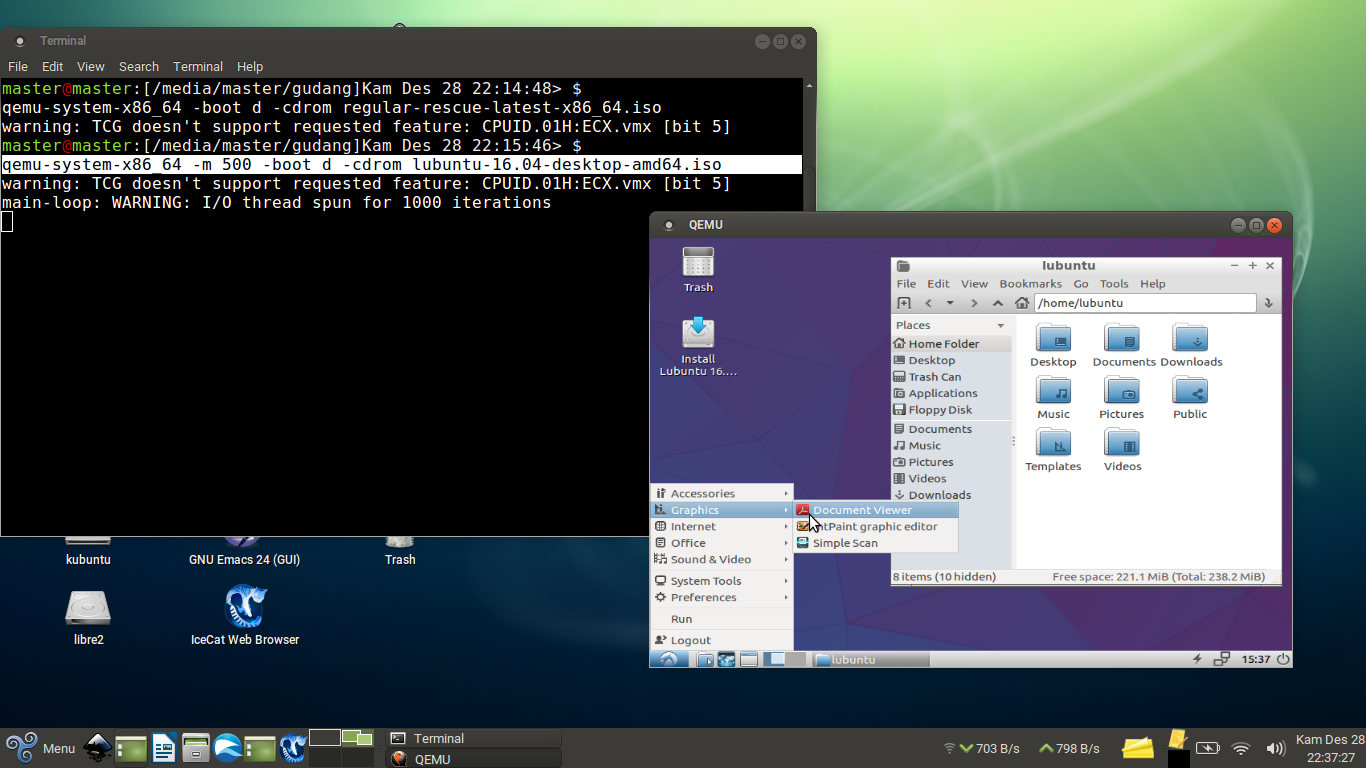 Running 64Bit GNU/Linux ISO using QEMU VM on A Non-VT Laptop