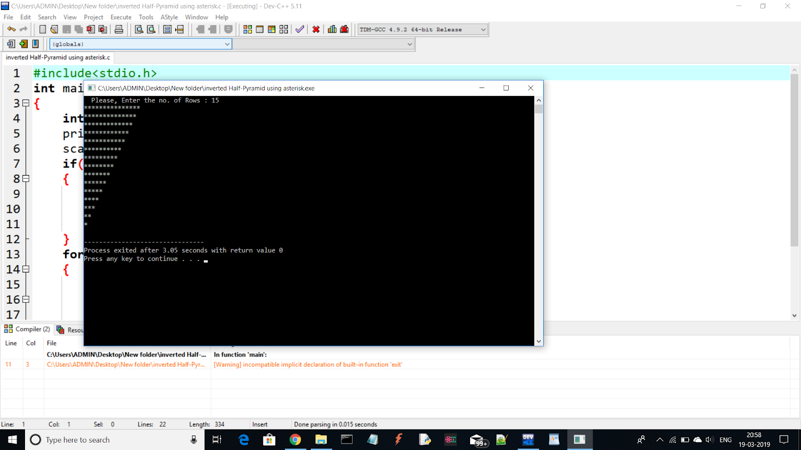 Inverted Half Pyramid Using Asterisk In C Language