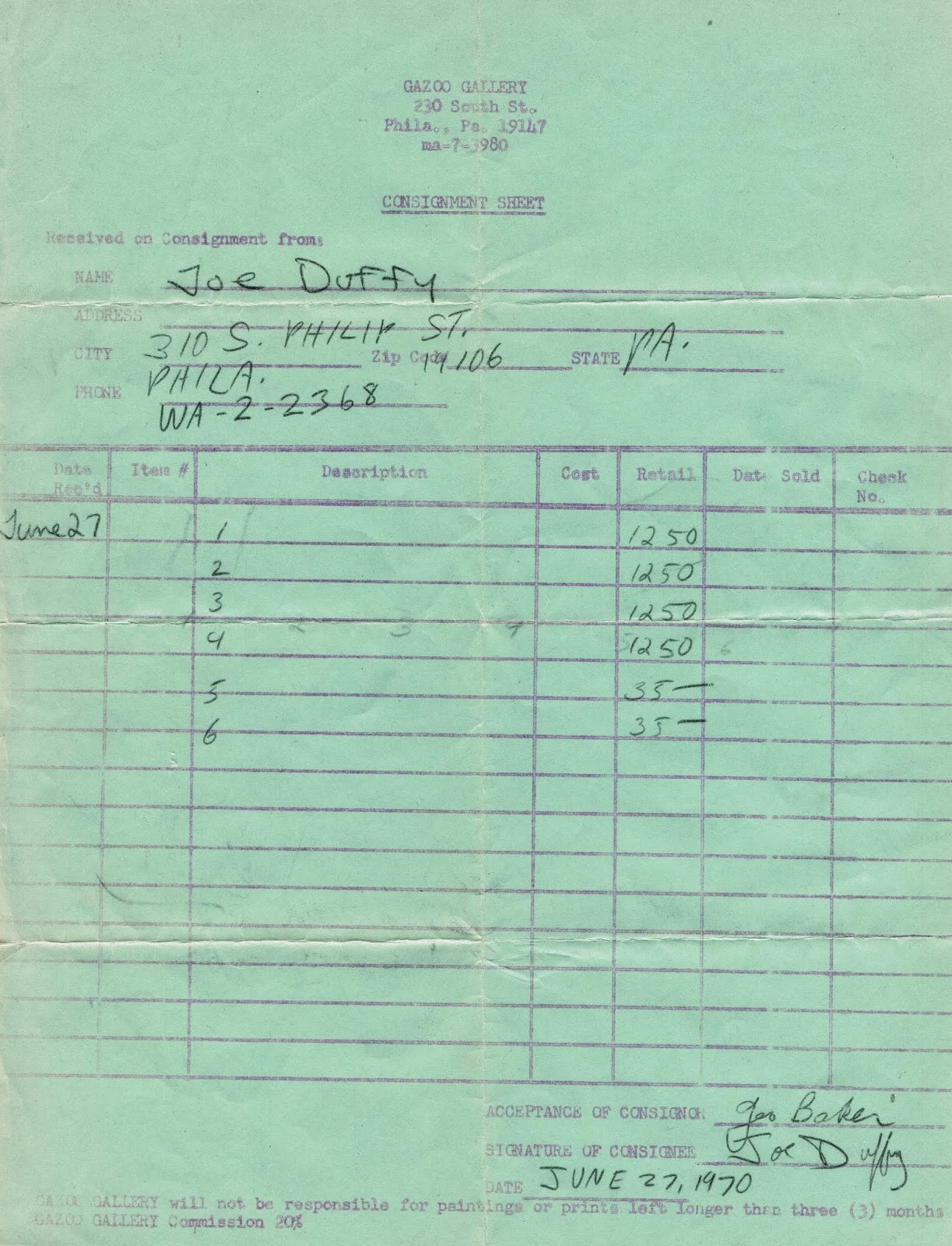 NIGHT DEPOSITS: ANCIENT ART GALLERY CONSIGNMENT RECEIPTS FROM ART ...