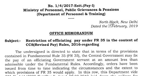 7th CPC Pay Fixation: Restriction of officiating pay under FR 35 in the ...