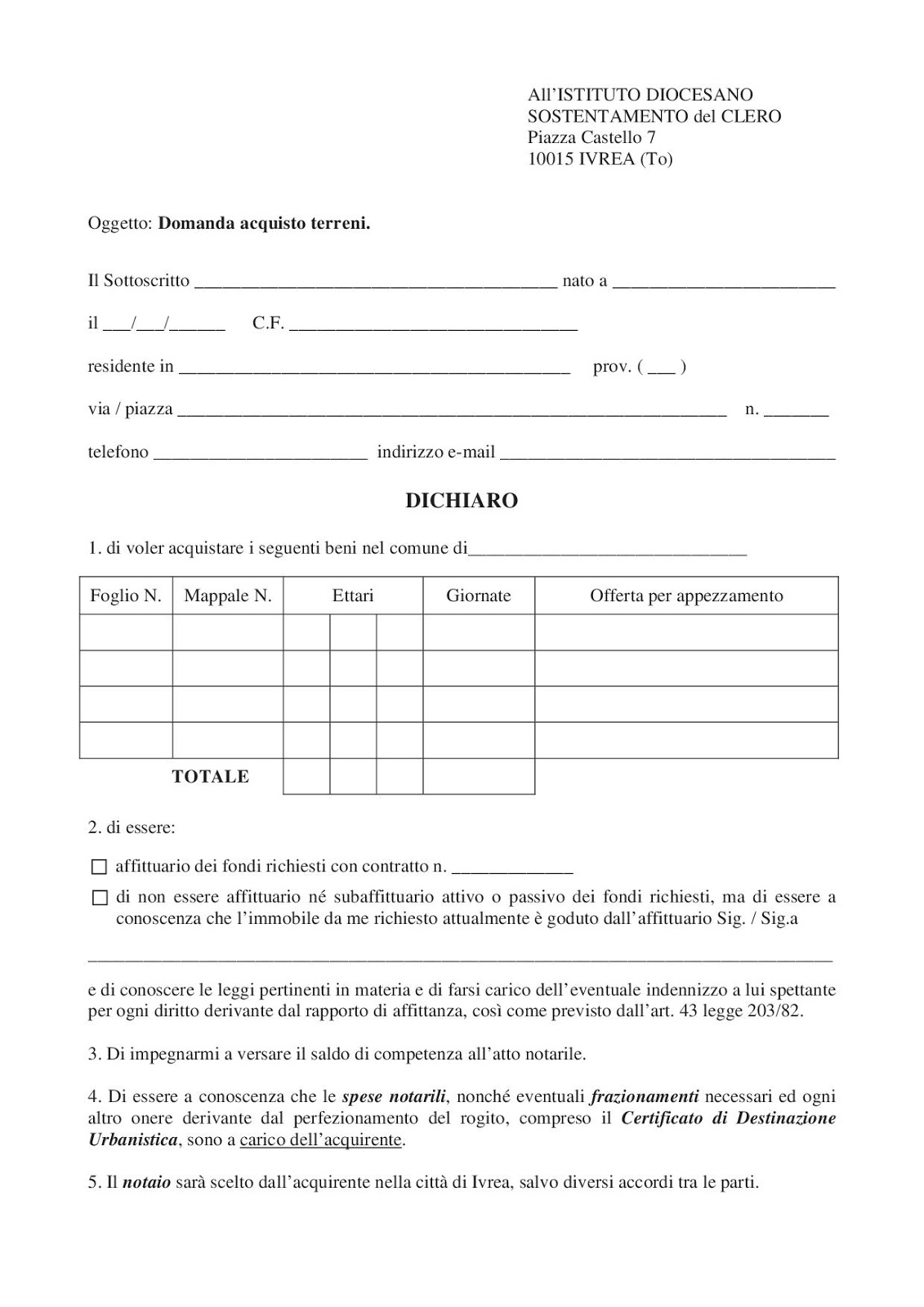 TERRENI I.D.S.C. IVREA: MODULO RICHIESTA ACQUISTO TERRENI