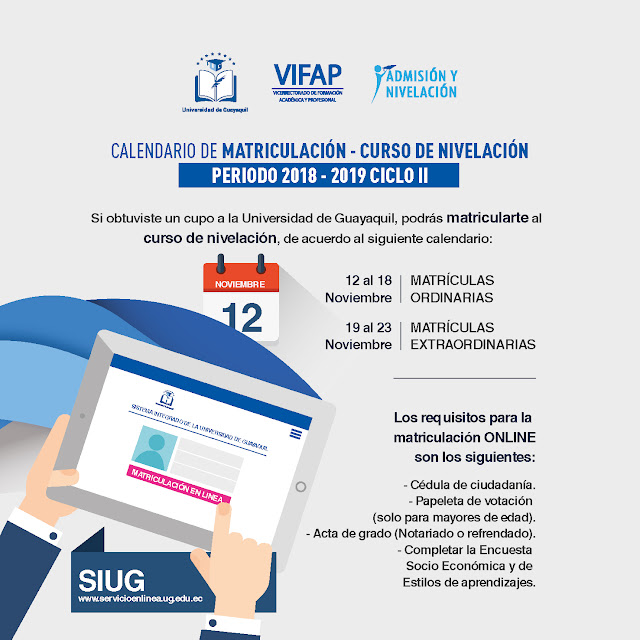 Universidad de Guayaquil SIUG Matriculas Nivelación Admisión 2018 2019