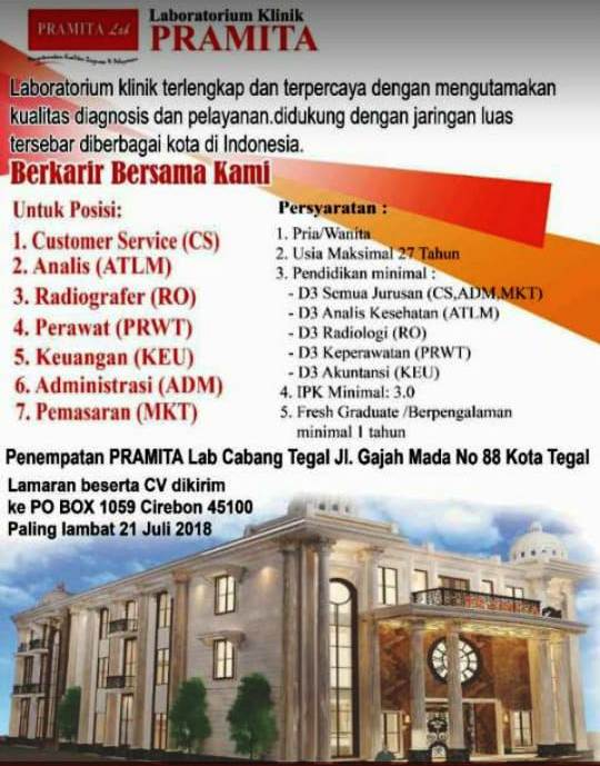 Lowongan Pekerjaan Laboratorium Pramita Cabang Tegal Tahun 2018