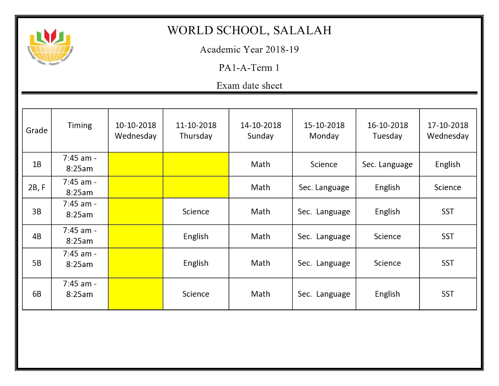Birla World School Oman: PA1(October) Exam Time Table for Grade 1-6