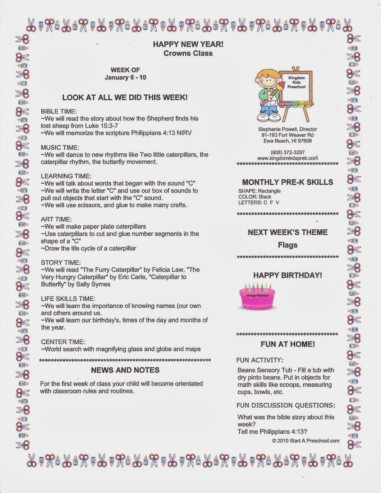 Kingdom Kids Preschool: Sample Newsletter