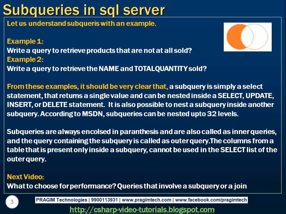 Sql server, .net and c# video tutorial: Part 59 – SubQueries in SQL Server