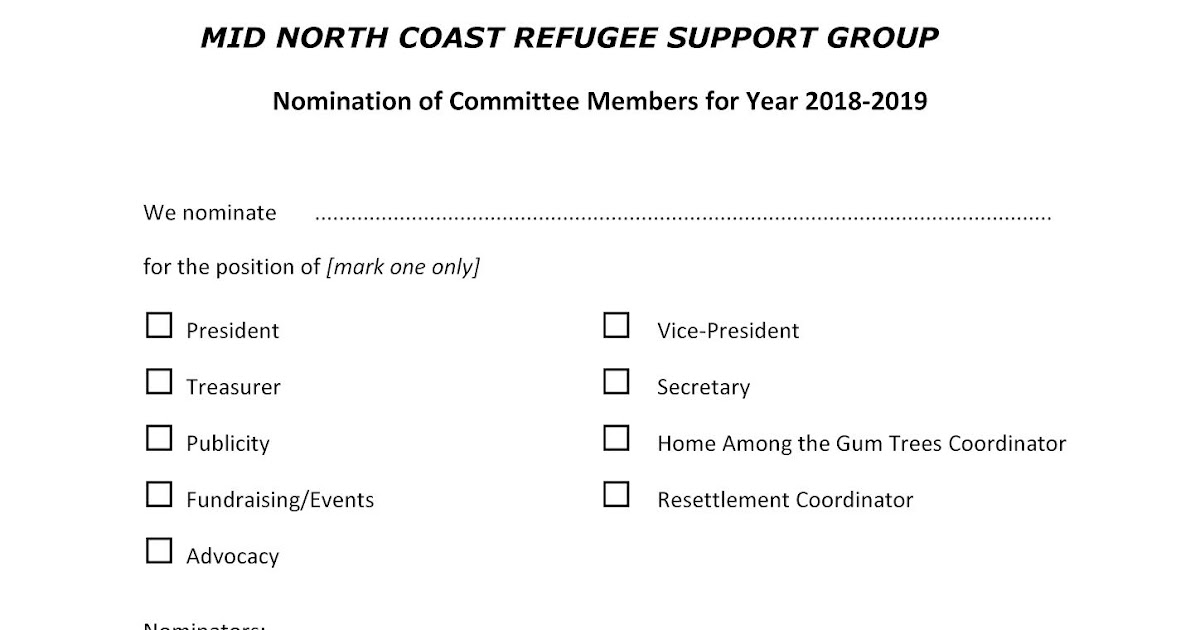 Mid North Coast Refugee Support Group: Committee Nomination Form