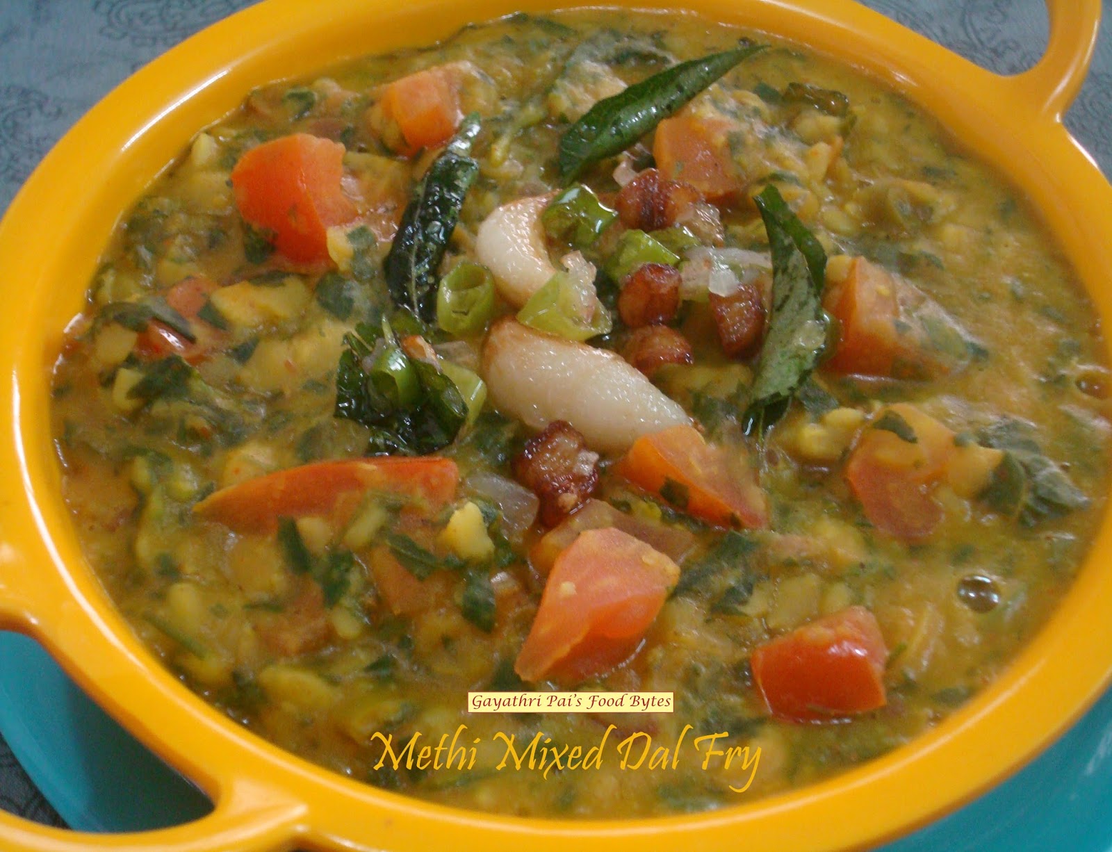 Gayathri Pai's Food Bytes: Methi Multi (Mixed) Dal Fry.