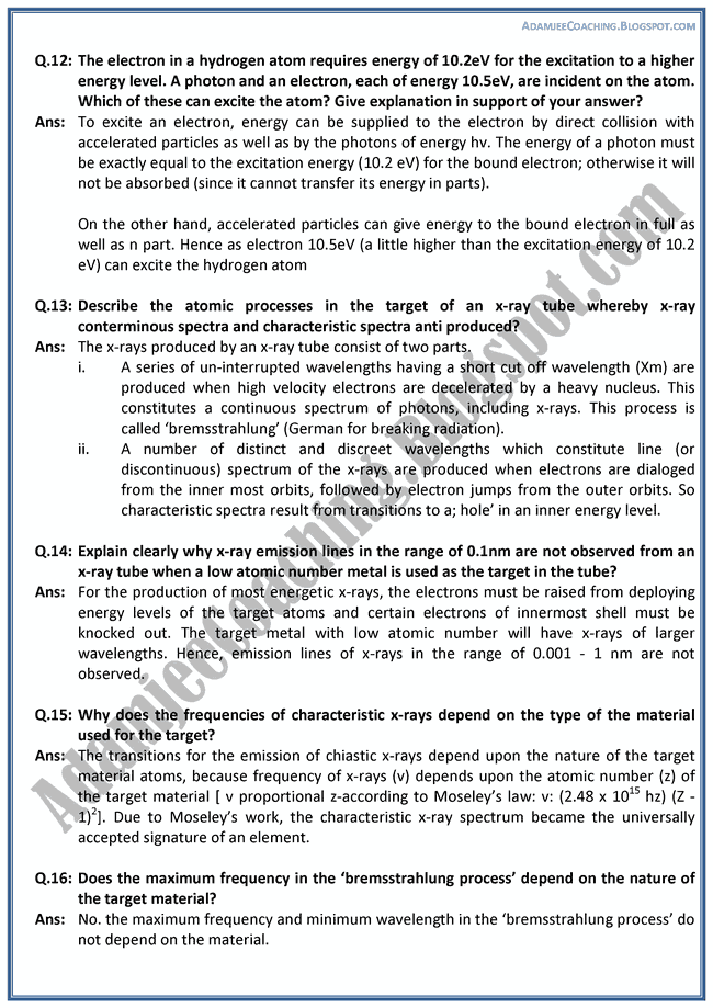 Adamjee Coaching: The Atomic Spectra - Question Answers - Physics XII