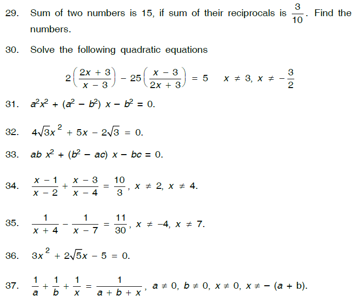 Quadratic Equations Worksheet Class 10 - Tessshebaylo