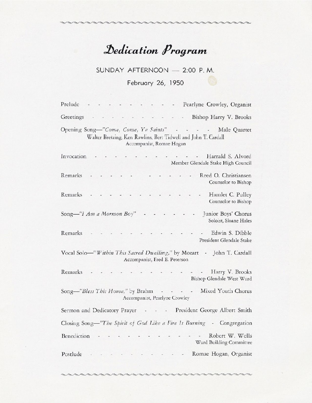 GatheringGardiners: Glendale West Ward 1950 Dedication Program