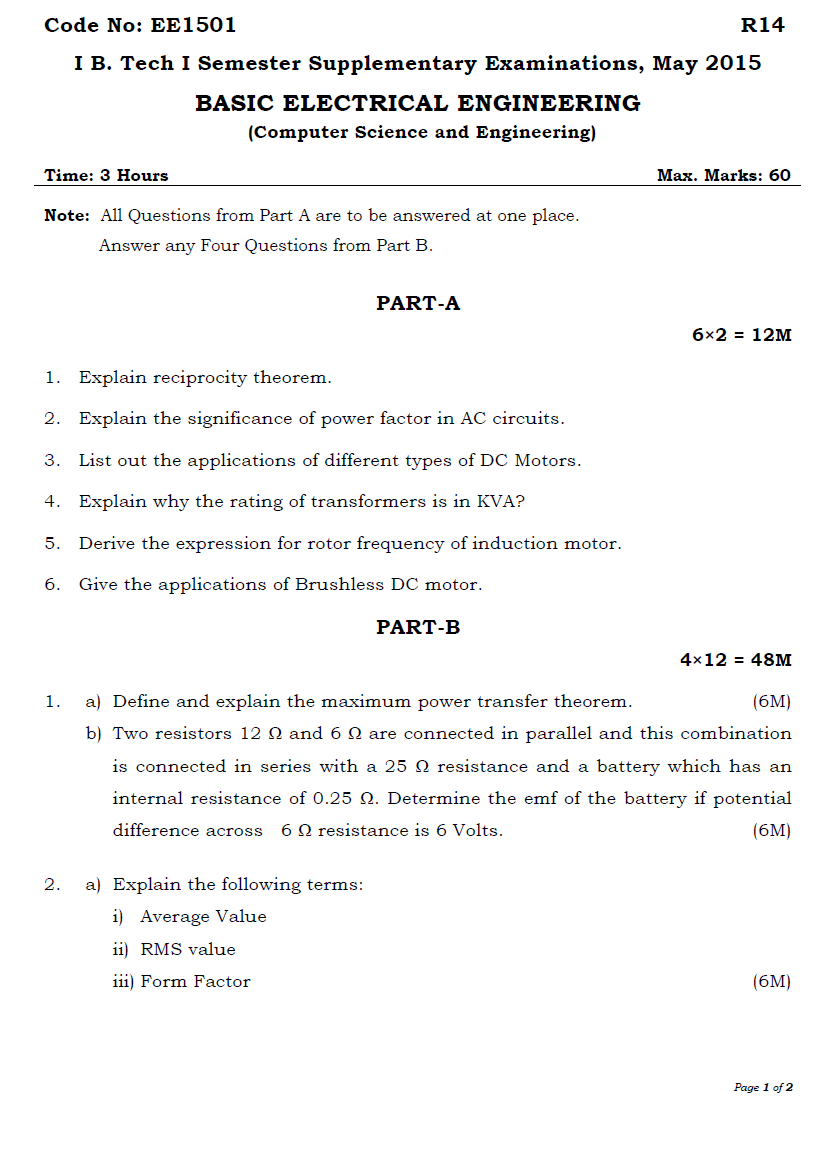 GEC BASIC ELECTRICAL ENGINEERING May 2015 Question Paper - University ...
