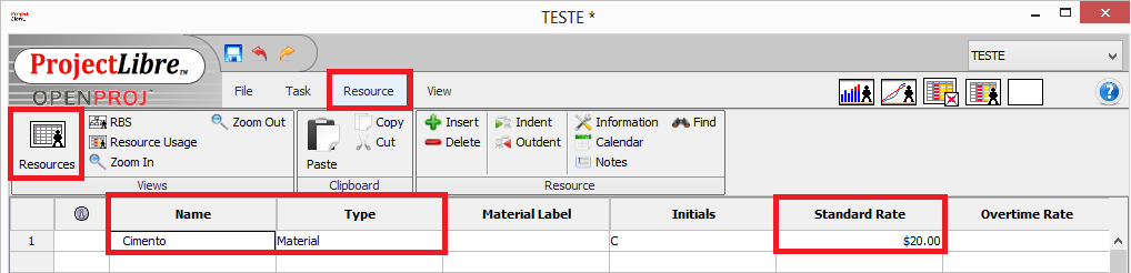 Canal ProjectLibre: Recurso Material no ProjectLibre