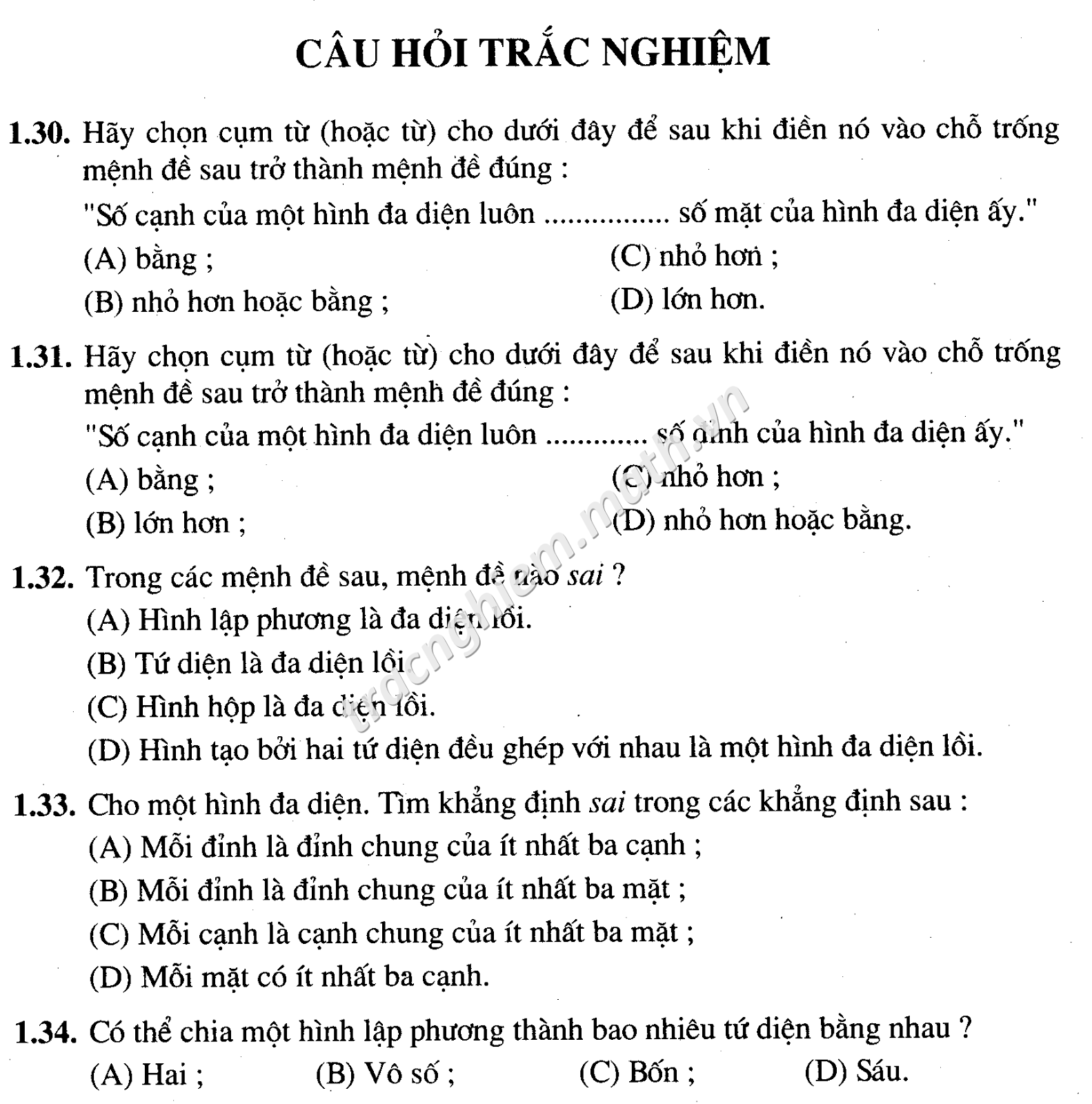 Bài Tập Trắc Nghiệm Thể Tích Khối đa Diện Có đáp án Chương 1 Hình Học