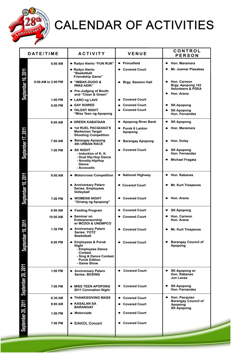 BARANGAY APOPONG: 28th Foundation Anniversary CALENDAR OF ACTIVITIES