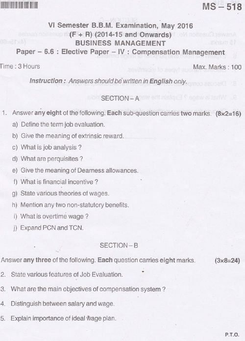 BU BBM Compensation Management May 2016 Question Paper - University ...