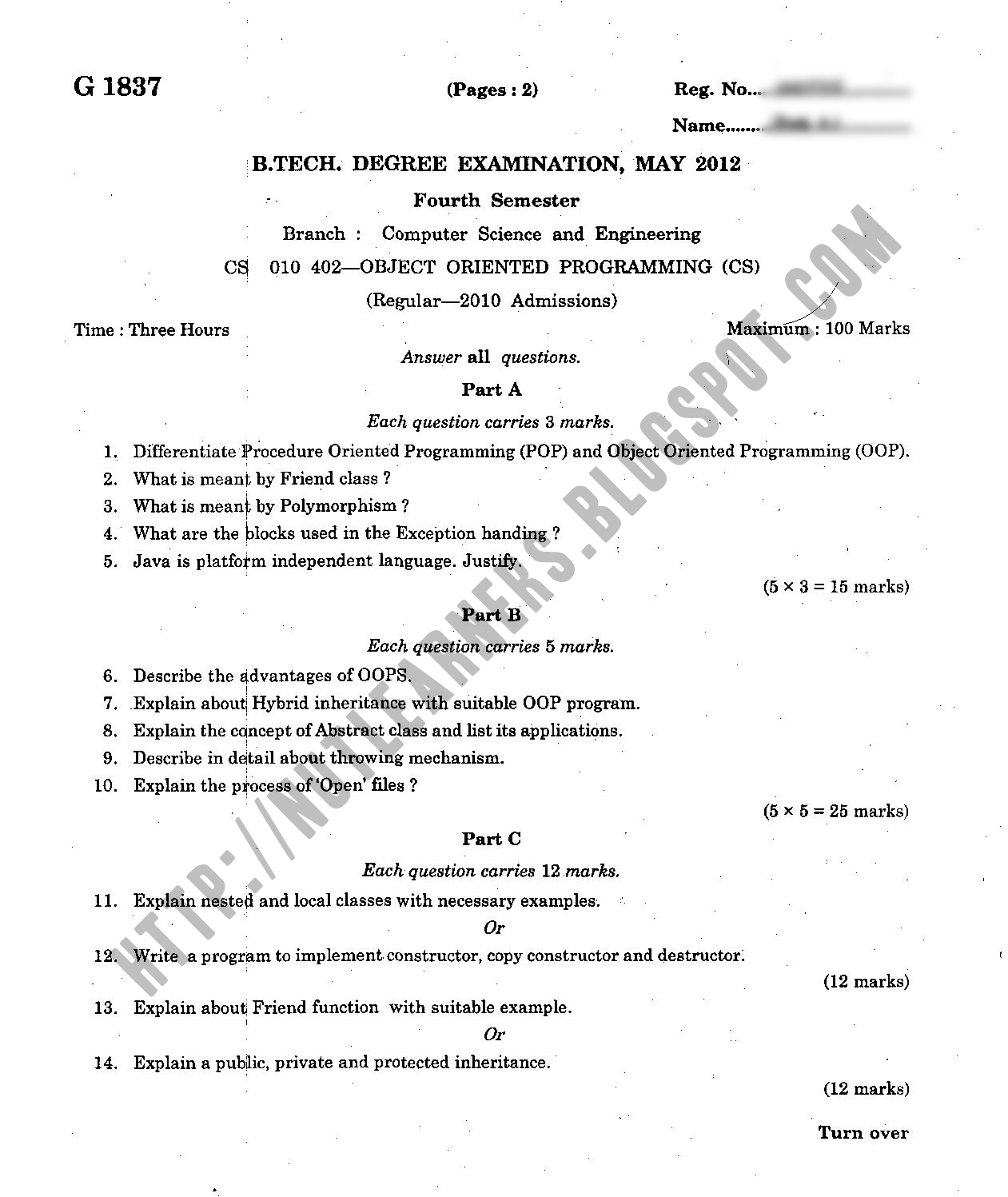 Object Oriented Programming Mg University Question Paper Nut Learners