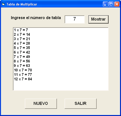 VISUAL BASIC 6.0: Tabla de multiplicar de un número N
