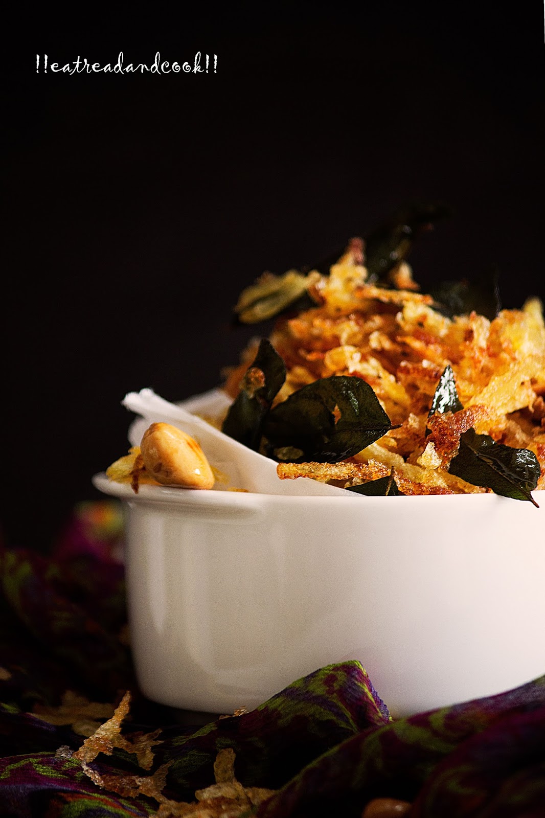 Kari Pata r Badam Diye Alur Jhuri Bhaja / Shredded Potato Fries with ...