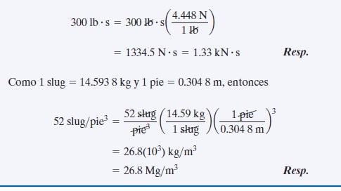 Convierta las cantidades 300 lb * s y 52 slug/pie³ a las unidades SI ...