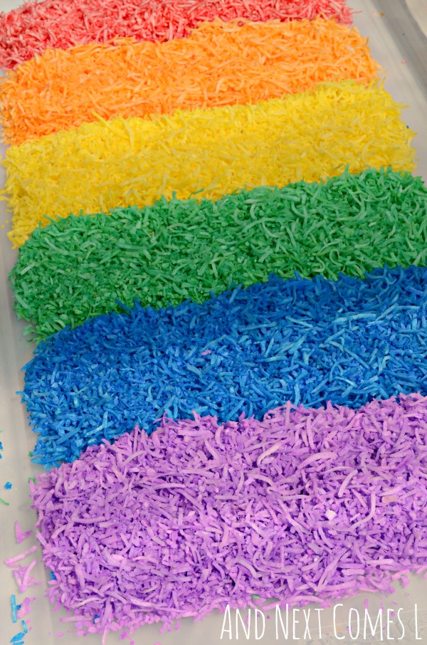 Rainbow Coconut {How to Dye Shredded Coconut for Sensory Play} | And ...