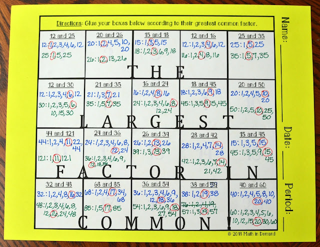 Math in Demand: Greatest Common Factor (GCF) Hidden Message Activity