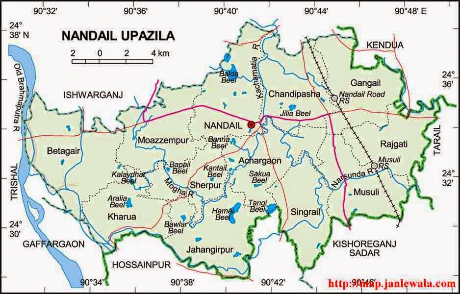 Nandail Upazila Map, Mymensingh District, Bangladesh